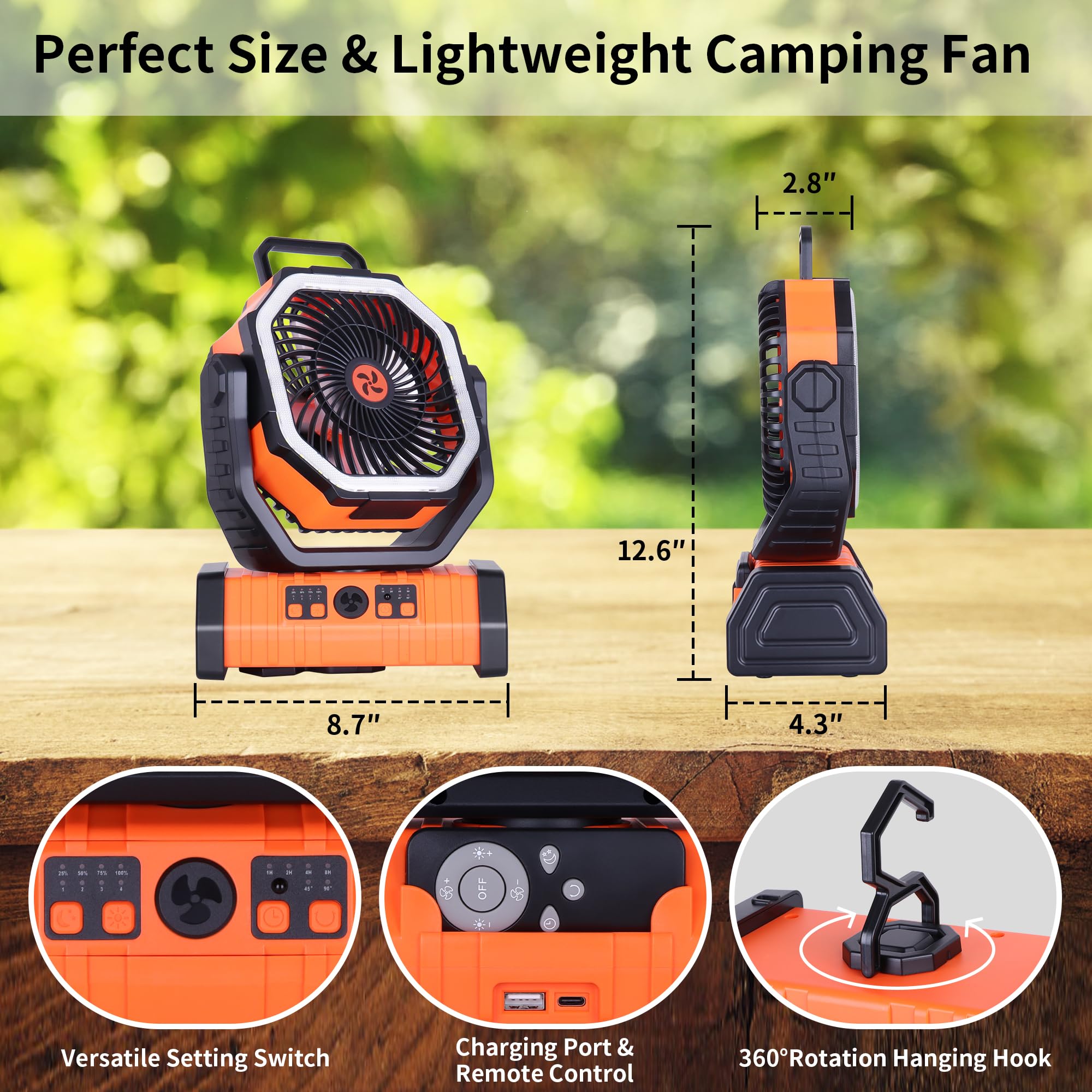๐๐๐๐๐๐ฆ๐๐ก Camping Fan Battery Powered Fan with LED Lantern, Portable Camping Fan for tents, 8H Timer & 270ยฐOsicllating Fan Rechargeable Battery Operated Fan, USB Desk Fan Beach Fan with Hook