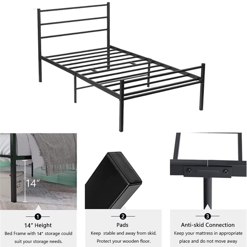 4 EVER WINNER Twin Bed Frames with Headboard, Twin Platform Bed Frame with Steel Slat Support, 14 Inch Under Bed Storage, No Box Spring Needed, Noise Free, Anti-Slip, Easy Assembly, Black