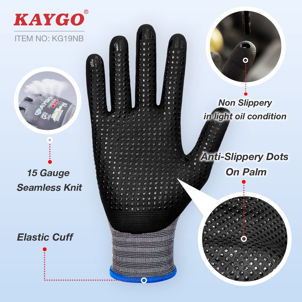 KAYGO Work Gloves MicroFoam Nitrile Coated KG19NB, Seamless Knit Nylon Safety Work Gloves with Micro Dots on palm, Ideal for General Purpose,Automotive,Home Improvement,Painting (3, Medium)