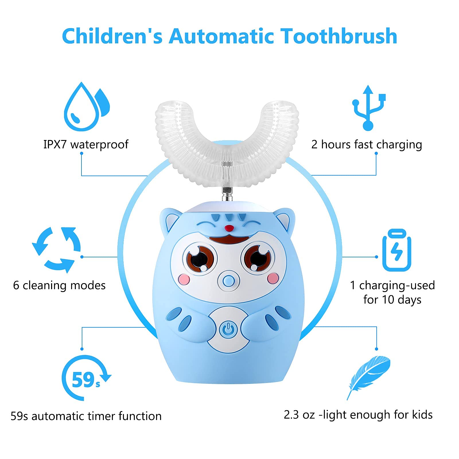 Kids U Shaped Electric Toothbrush U Shaped Automatic Toothbrushes 360° Cleaning with Six Smart Modes Auto Whitening Toothbrush IPX7 Waterproof Design for Toddler Children (2-7 Age (Blue))