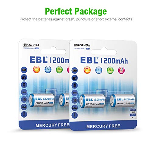 EBL 1/2 AA Size 14250 ER14250 3.6V Lithium Batteries, Non-Rechargeable Battery for Dog Collars and Baby Movement Monitor Alarm Systems and More
