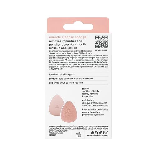 Real Techniques Miracle Cleansing Sponge, Skincare Facial Cleansing Tool with Probiotics, Exfoliate & Deep Cleans Pores, Dual Sided, Gentle on Skin, Cruelty Free, 1 Count