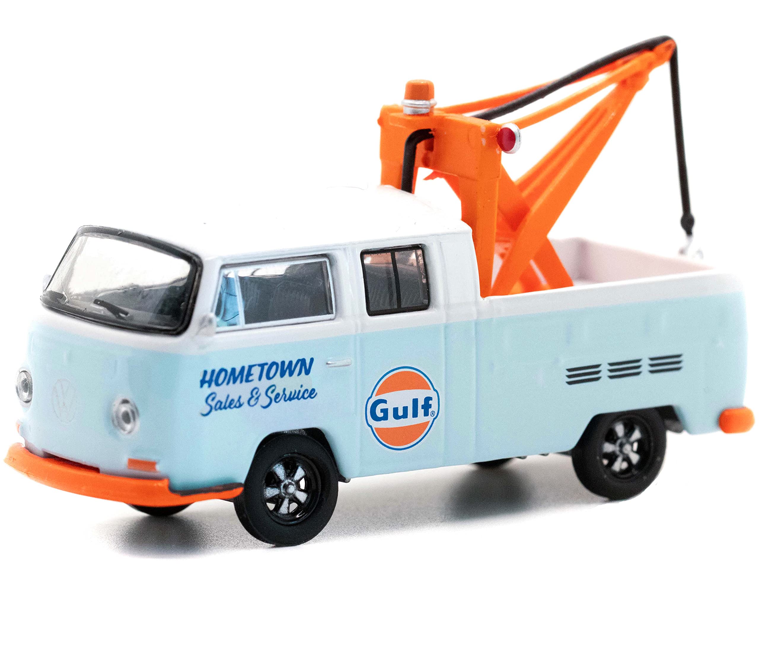 1969 Double Cab Pickup Tow Truck w/Drop in Tow Hook Light Blue & White Gulf Oil Sales & Service 1/64 Diecast Model Car by Greenlight 35220 B