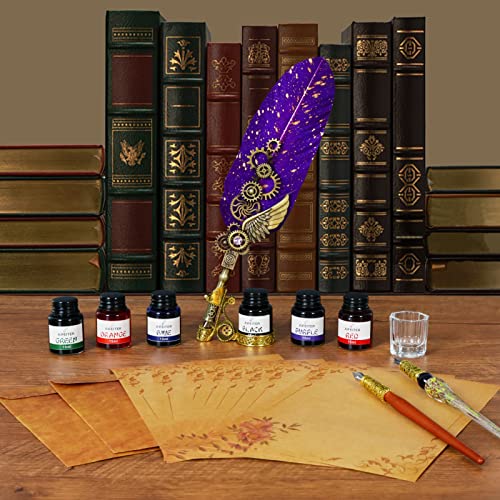 Aifeiter Feather Pen Ink Set,Quill Pen Ink Set,Wax Seal Stamp Set,Feather Calligraphy Pen Set,Birthday Present,Christmas Gifts,Holiday Ideal Gift(purple)