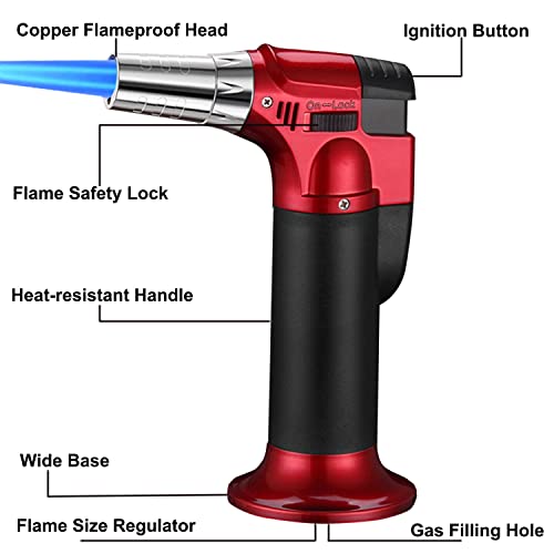 2 Pack Butane Torch Lighters,PBXZET Blow Torch Refillable Kitchen Cooking Torch with Safety Lock Adjustable Flame Chef Torch for Desserts Brulee BBQ Baking-Butane Gas Not Included(Silver Red)