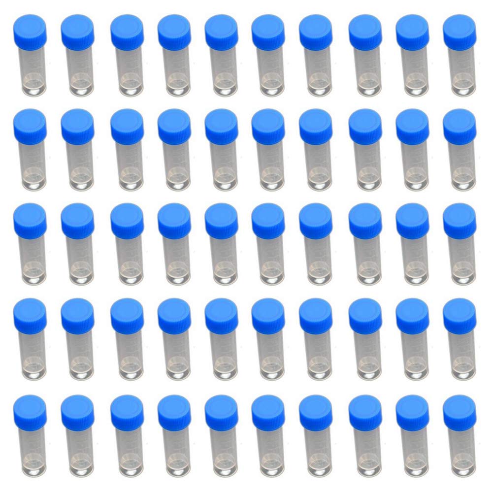 50 Pieces 5ml Clear Plastic Graduated Vial Tube with Blue Screw Caps Cold Storage Plastic Storage Container Test Tubes Plastic Centrifuge Tubes Conical Bottom Standing Plastic Vial