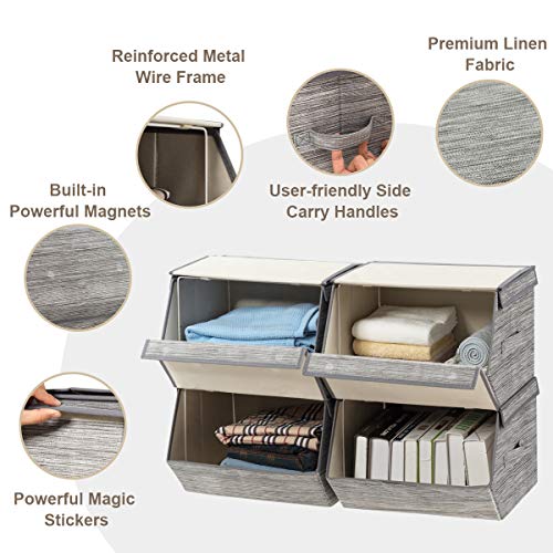 Giantex Storage Bins Set of 4 Stackable Cubes Fabric Baskets w/Lid, Side Handles, Magnetic Linen Container Boxes for Toys, Clothes, Files Foldable Closet Organize Bags 15βx14βx10β (Gray)