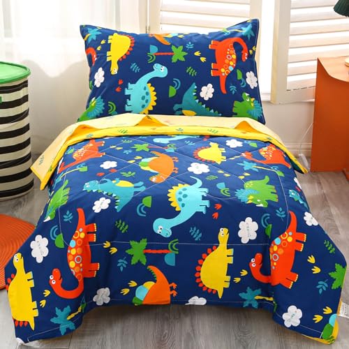 Wowelife Dinosaur Toddler Bedding Sets for Boys Blue Premium 4 Piece Dinosaur Toddler Comforter Set Bed-in-a-Bag, Super Soft and Comfortable with Comforter, Flat Sheet, Fitted Sheet and Pillowcase