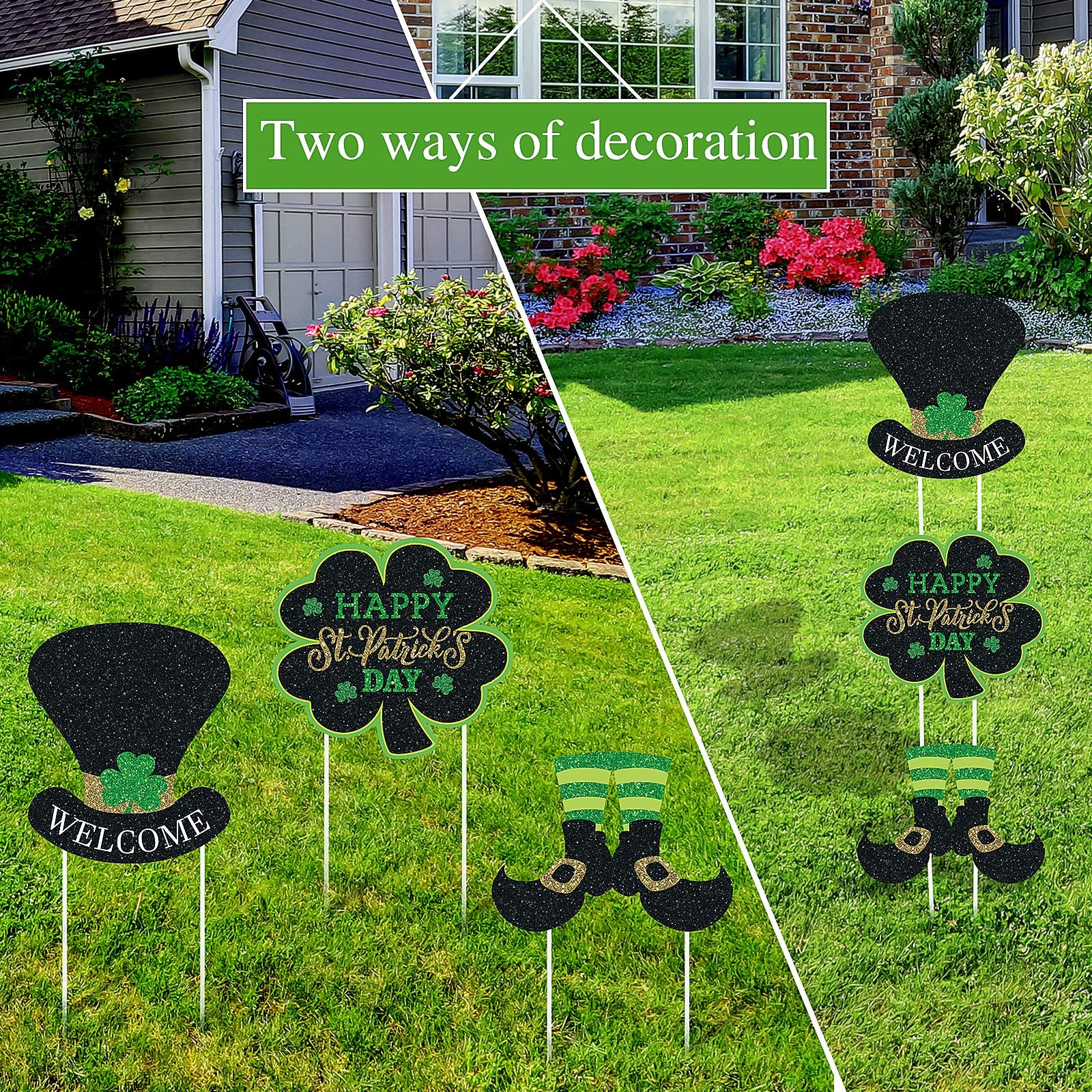 3 Pieces St. Patrick's Day Yard Signs with Stakes, St. Patrick's Day Clover Signs Outdoor Lawn Decorations Irish Leprechaun Horseshoe Shamrock with Happy St Patrick's Day Sign with Stakes
