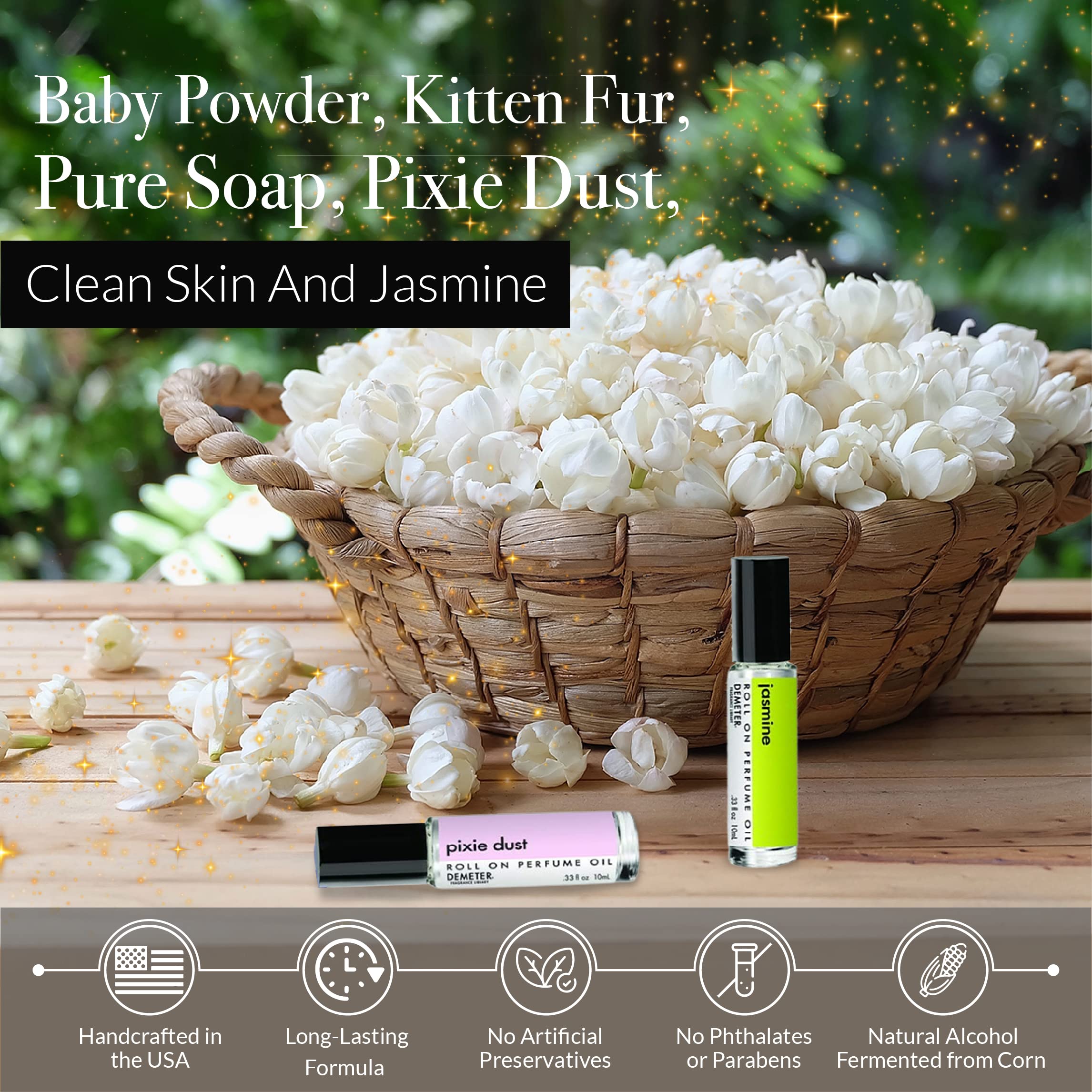 DEMETER Fragrance Library - Classic Six Piece Roll On Perfume Oil Set – Baby Powder, Kitten Fur, Pure Soap, Pixie Dust, Clean Skin, Jasmine