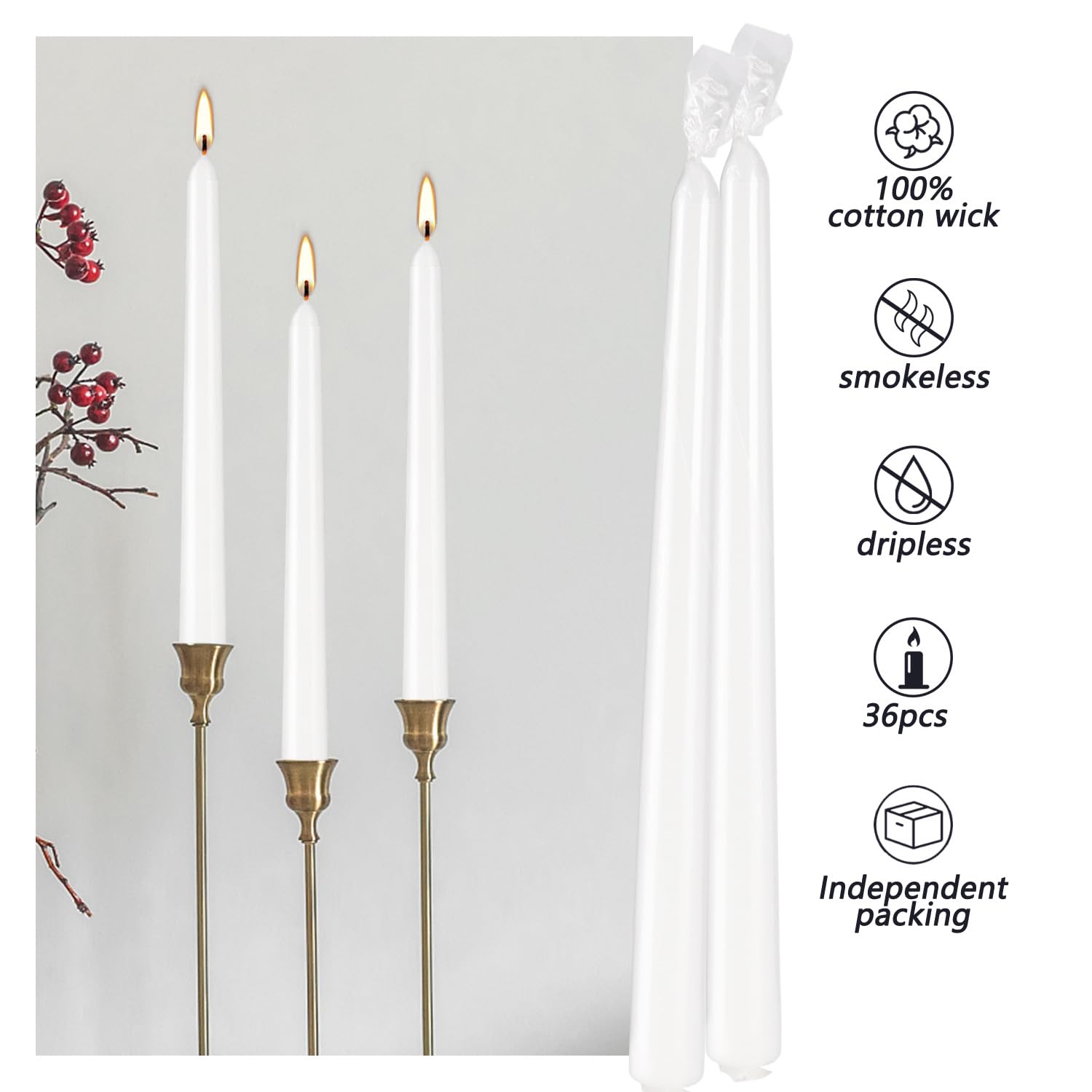 36 Pack 10 inch White Taper Candles, 7-7.5 Hour Burn Time,Unscented Dripless and Smokeless, 10 inch Elegant Premium Quality Dinner Candle for Home Décor, Restaurant, Wedding, Party Candlesticks…
