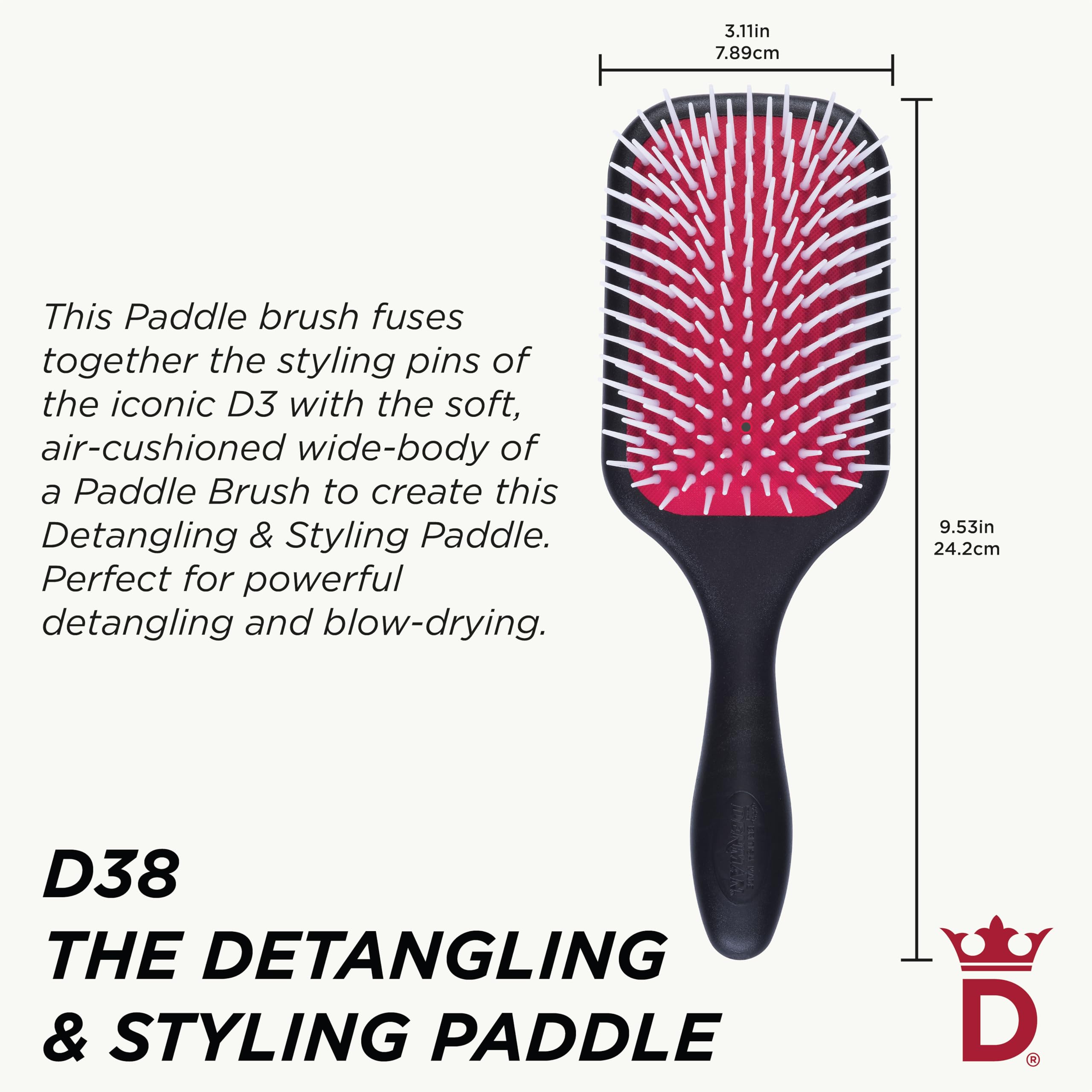 Denman Power Paddle Hair Brush for Fast and Comfortable Detangling, Blow Drying and Styling - Combination of D3 Styling Pins & Paddle Brush - For Women and Men (Red & Black), D38