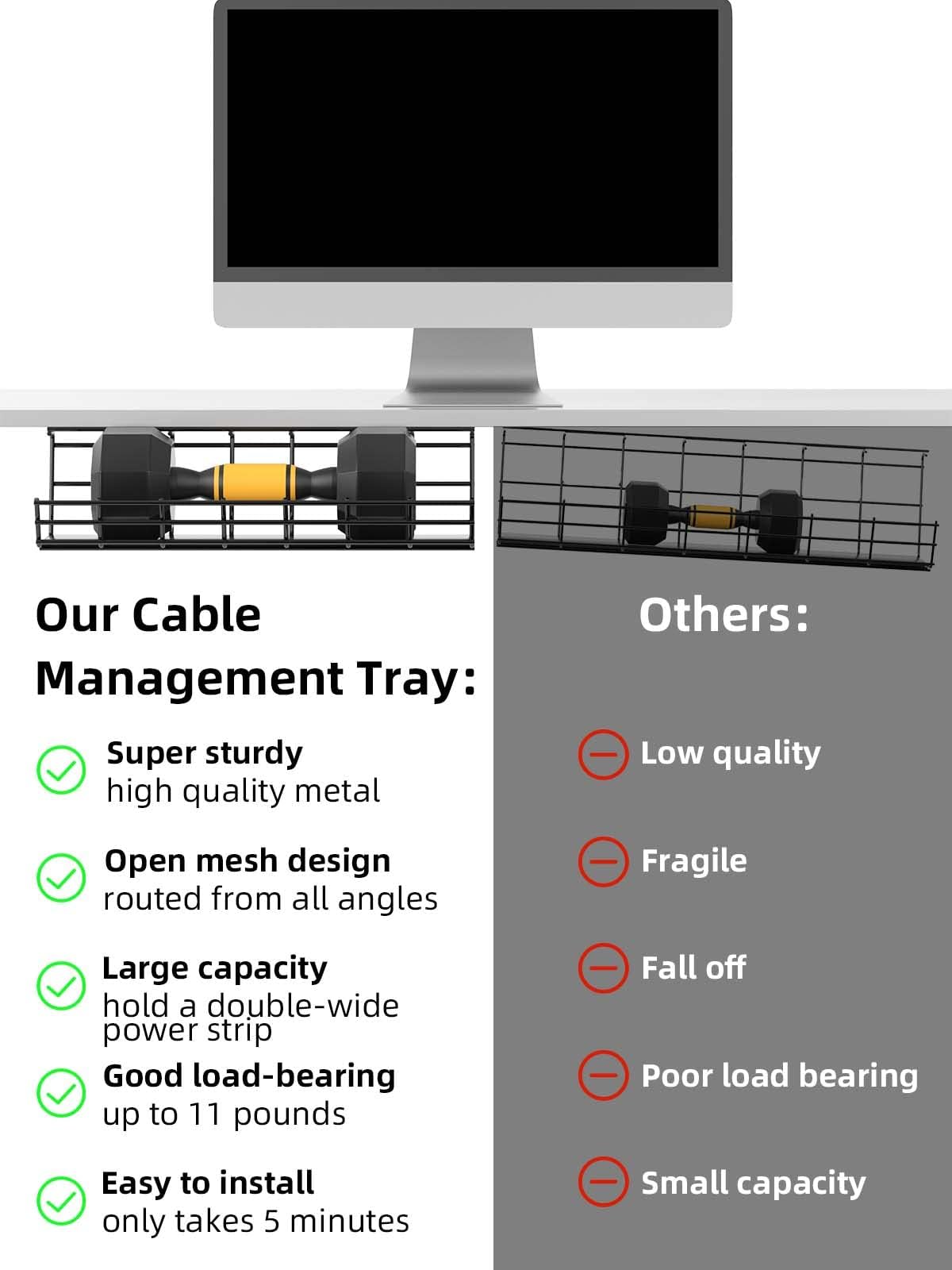 2 Pack Under Desk Cable Management Tray, 16.5'' Desk Cable Organizer Metal Wire Cord Management Under Desk Organizer for Office, Home, Black