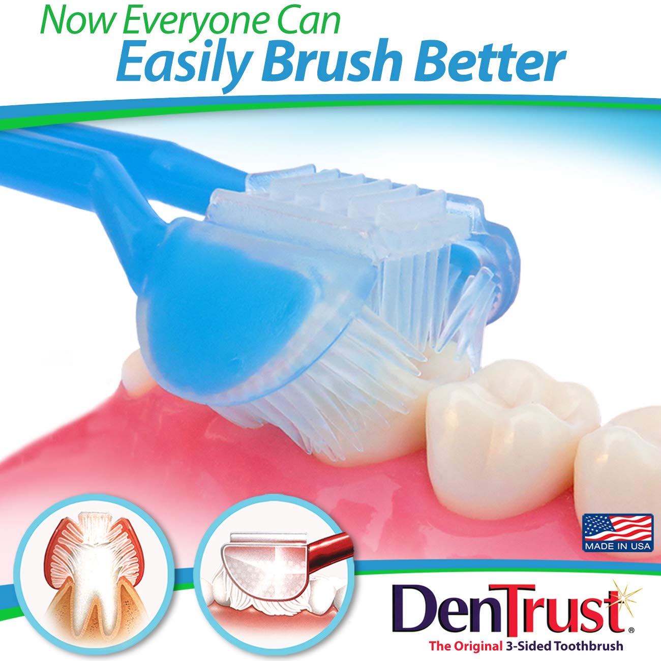 DenTrust | Triple Clean 3-Sided Toothbrush | Made in USA | Extra Gentle Soft Heads | Tongue Cleaner for Fresh Breath | Child Autism Special Needs