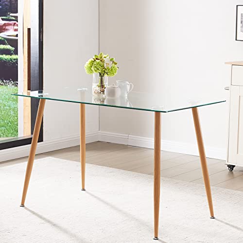 Glass Dining Table Rectangle - Glass Top Dining Room Table, Modern Clear Kitchen Table with Wooden Metal Leg, Rectangular Dining Table for 2 or 4 for Small Spaces Apartment Kitchen or Dining Room