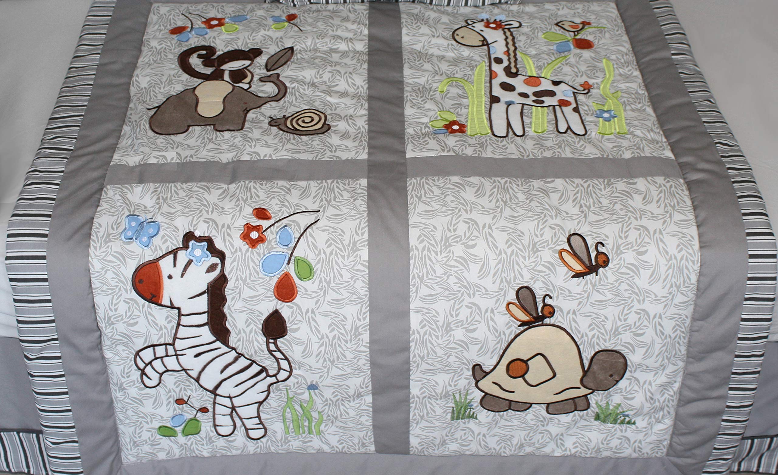BabyFad Jungle Grey with Elephant, Giraffe, Zebra and Turtle with Musical Mobile Nursery for Boys and Girls, 9 Piece Baby Crib Bedding Set 100% Cotton