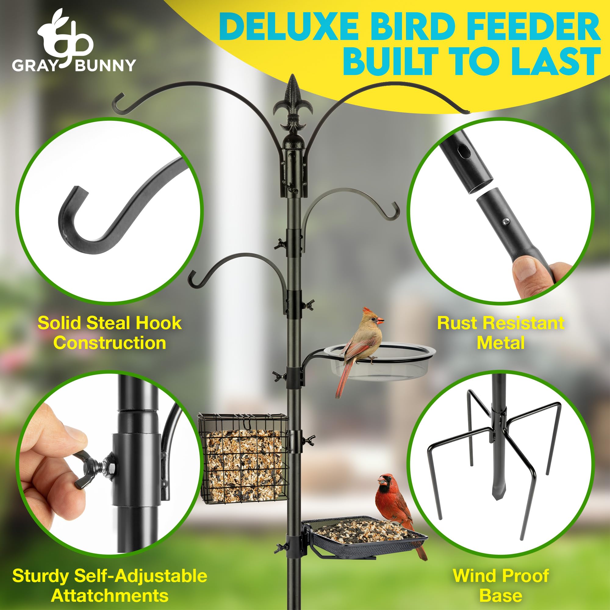 4 Hooks Bird Feeder Pole, 91 Inches Tall Bird Feeder Poles for Outdoors Heavy Duty, Multi Bird Feeder Stand with Bird Bath, Mesh Tray & Suet Cage, 5 Prong Base Bird Feeding Station for Outside