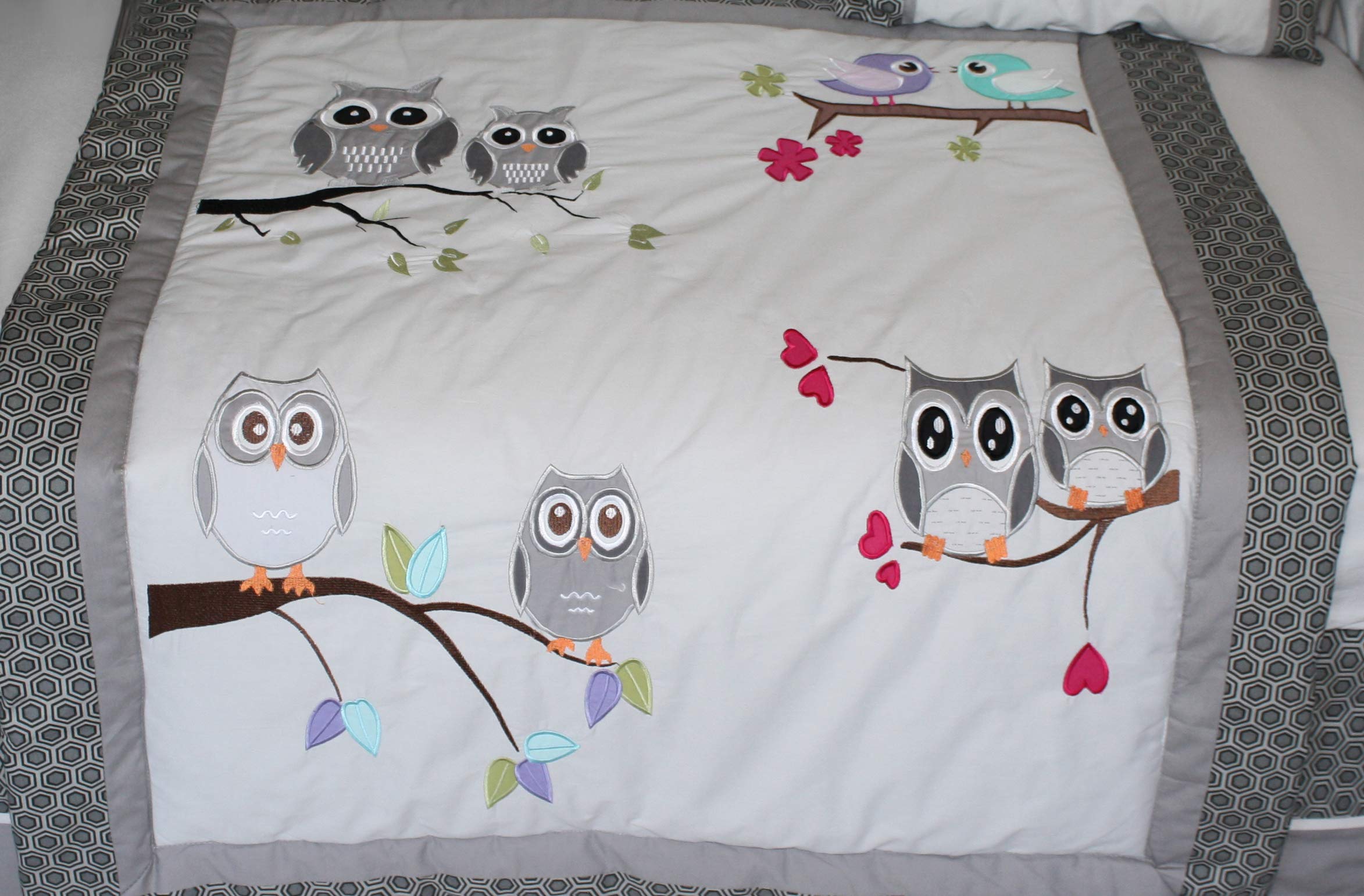 BabyFad Owl Grey White Nursery 9 Piece Baby Crib Bedding Set 100% Cotton