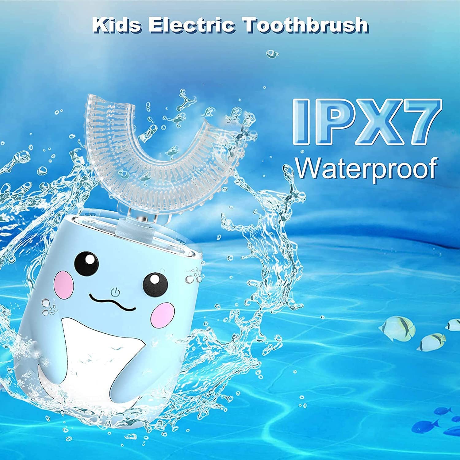 Kids Electric Toothbrush, U Shaped Ultrasonic Automatic Tooth Brush,Toothbrush with 2 Brush Heads,Six Cleaning Modes,IPX7 Waterproof,Cartoon Modeling Design for Toddler Children, Age 2-7 Blue¡