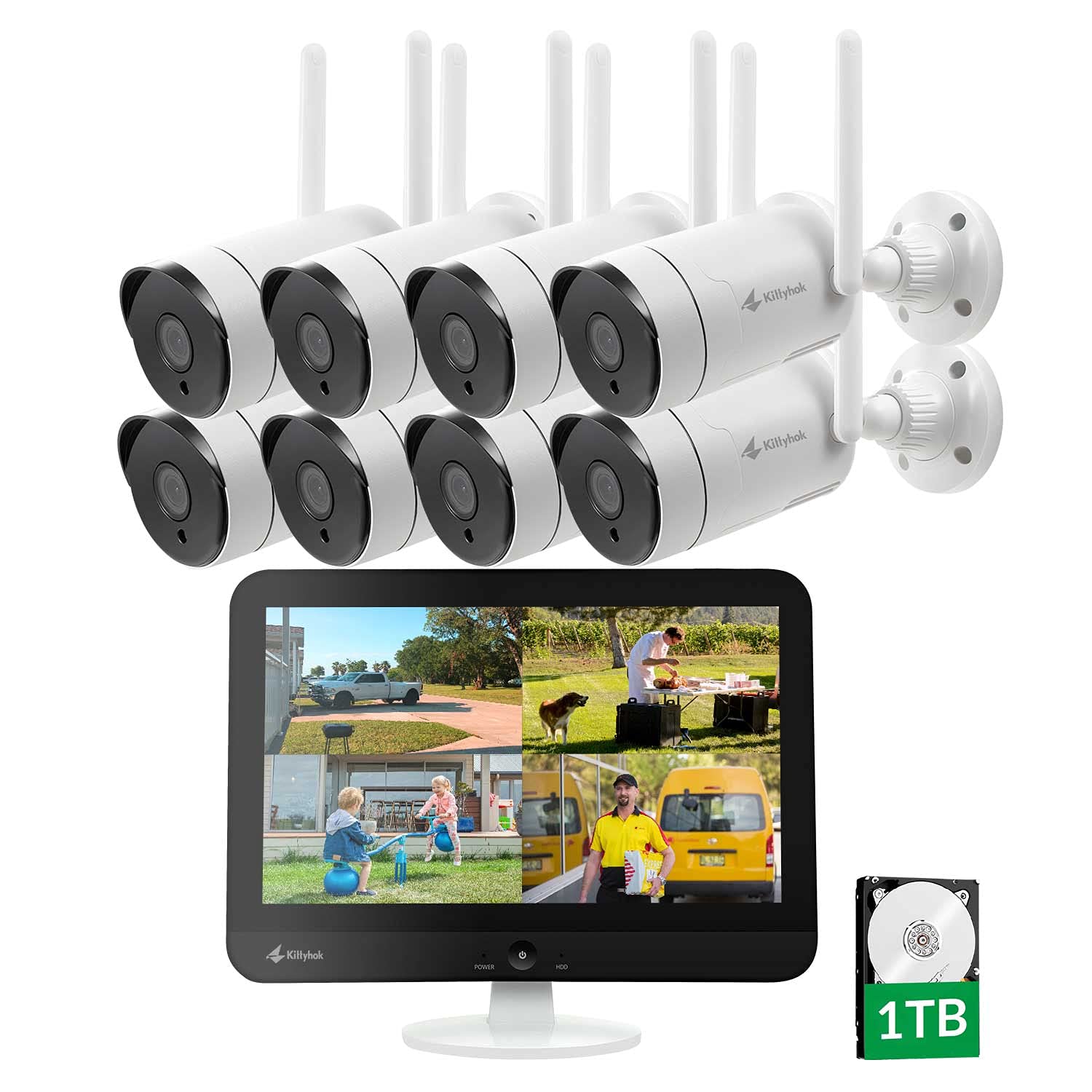 Kittyhok 2K All-in-one Wireless Security Camera System with 12'' Monitor, 8pcs WiFi Security Cameras for Home Security, 1TB HDD, 2-Way Audio, Remote Access, Motion Detection, Waterproof, Night Vision