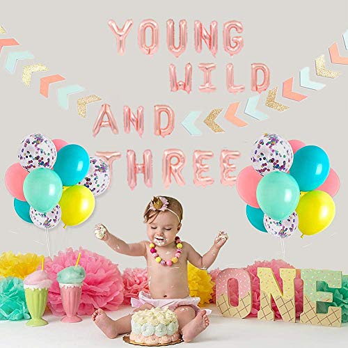 JeVenis Young Wild and Three Balloon Young Wild and Three Banner Young Wild and Three Decorations for Girl Third Birthday Decorations 3 Year Old Birthday Decor 3rd Birthday Balloon