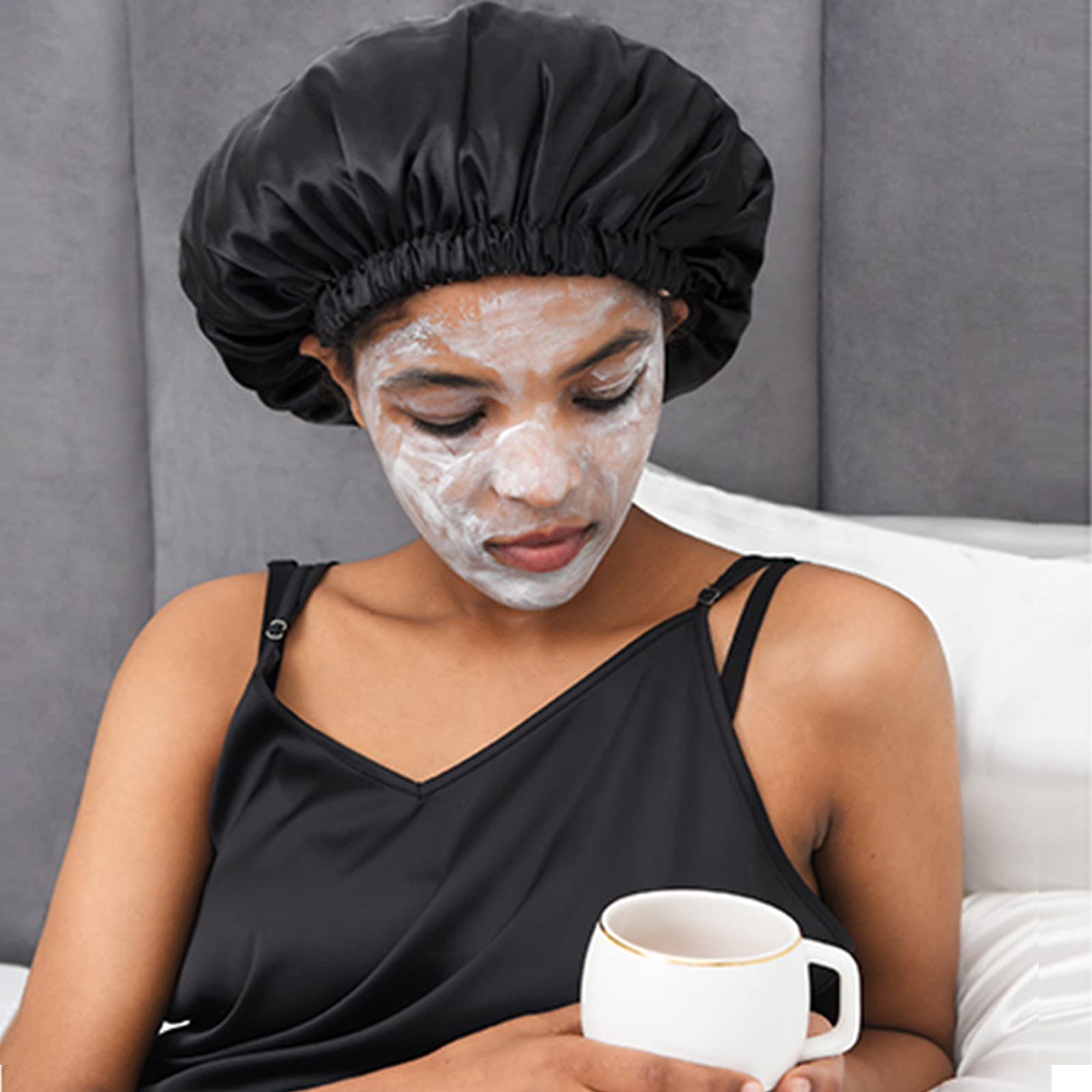 2-Pack Satin Bonnet Silk Bonnet Hair Bonnet for Sleeping Satin Bonnet for Hair Bonnets for Women Silk Bonnet(Black & Leopard)