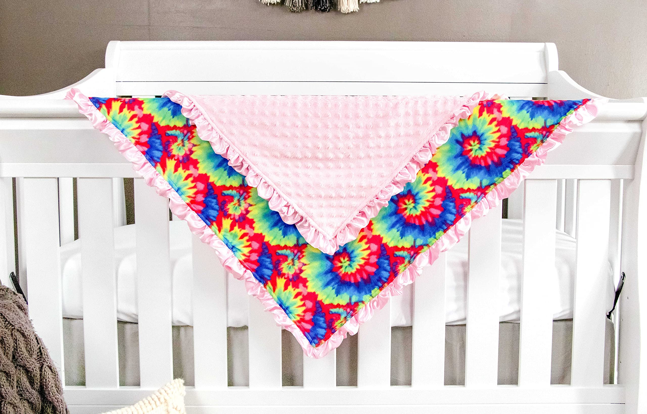 Top Tots Baby Blanket - Tie Dye Pattern with Pink Minky Dot & Satin Ruffle, 31 x 31 Inch Multicolored