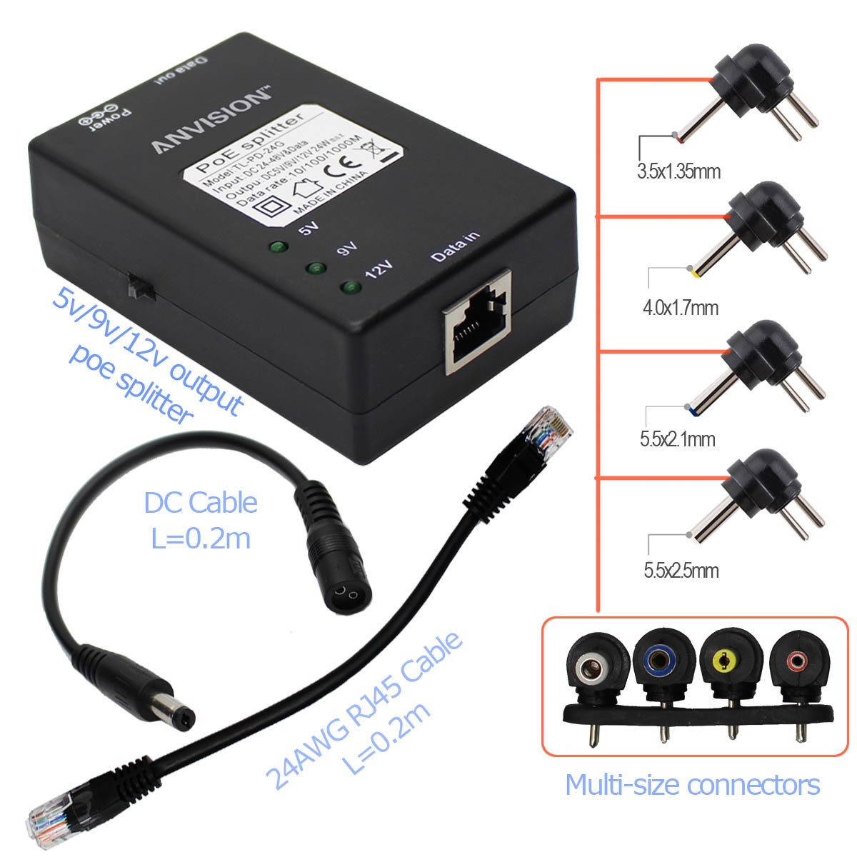 ANVISION 2-Pack Active Gigabit PoE Splitter Adapter with Multi-Size Tips, IEEE 802.3af Compliant, up to 100 Meters (328 Feet), DC 5V/9V/12V Power Output for IP Camera AP Voip Phone and More
