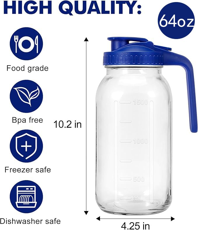 3 Pack 64 oz Wide Mouth Mason Jar Pitchers with Airtight Lids β Leak-Proof Glass Sun Tea Pitchers with Handle for Juices, Milk, Drinks, and Iced Coffee