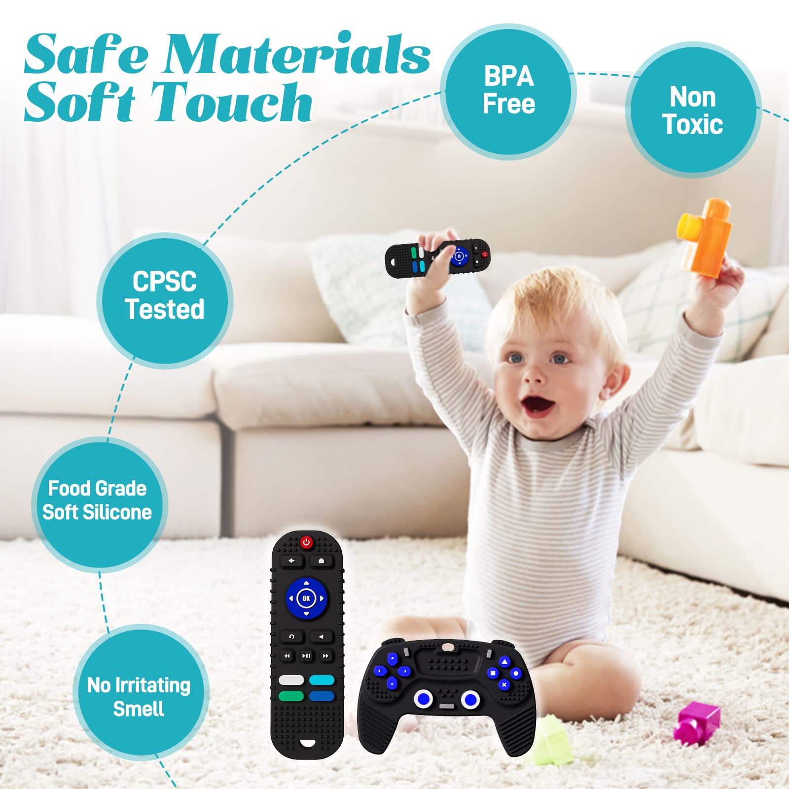 2-Pack Silicone Remote Control Game Pad Baby Teether Toys, Teething Toys for Toddler, Chew Toy for Baby 6-12 Months, Sensory Press Toy (Black + Black)