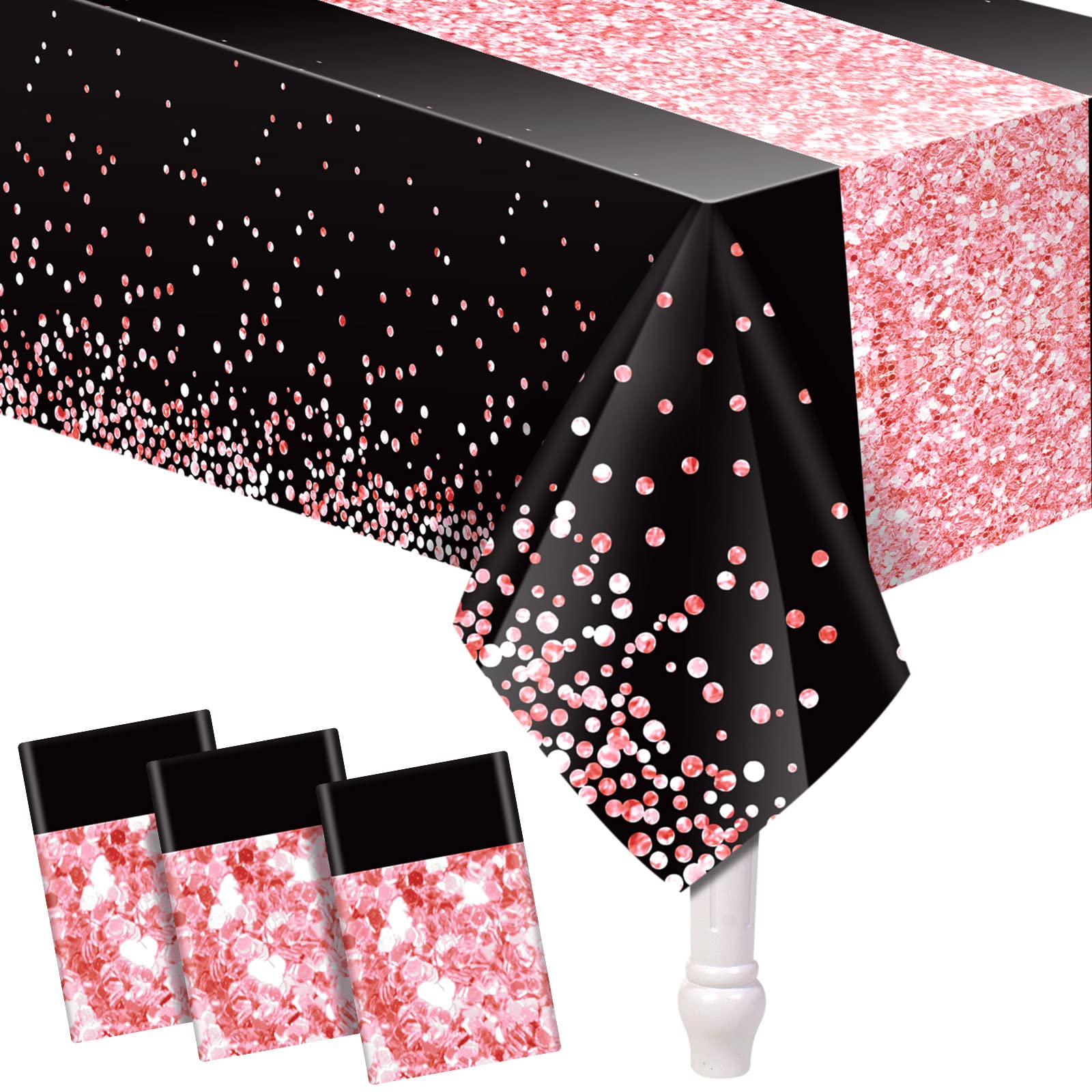 3 Pcs Black Sequin Tablecloth Dining Plastic Table Cover Rectangle Disposable Tablecloth for Graduation Birthday Wedding Anniversary Festive Cocktail Party Supplies, 54 x 108 Inch(Black and Rose Gold)