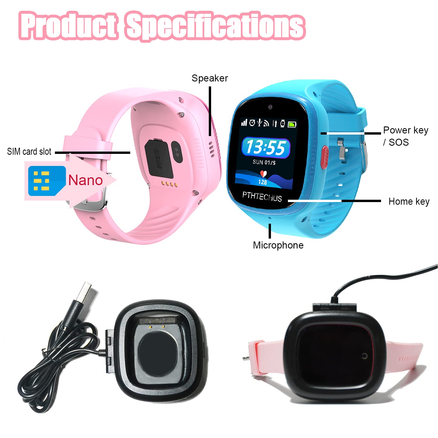 PTHTECHUS 4G Smartwatch Phone for Children - Kids Smart Watch with WiFi, Dail, Voice Messages & Video Calls, GPS Location, Students School Mode, SOS, Camera and Pedometer for Boys Girl Present