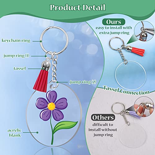 300 PCS Clear Acrylic Keychain Blanks, 6 Shapes Wholesale Acrylic Blanks Leather Tassel Charms Key Chains Jump Rings for Vinyl Resin DIY Crafts Ornament Engrave (Round Heart Square Rectangle Bone)