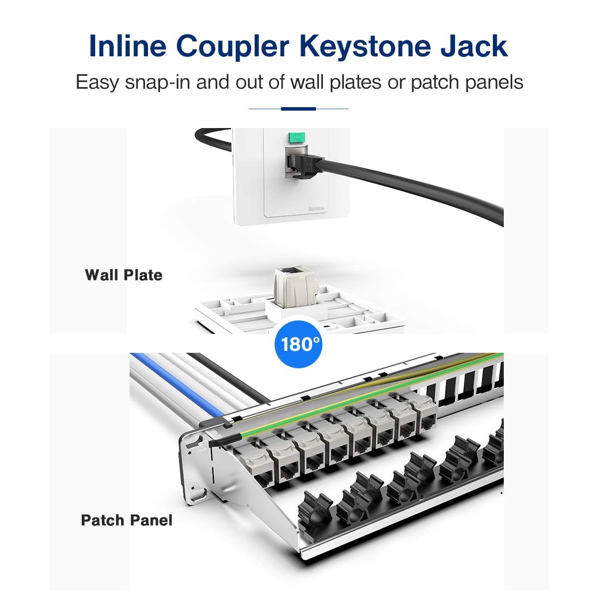 AMPCOM CAT6A RJ45 Inline Coupler Keystone Jack, [ ETL Verified/USA Patent Zinc-Alloy Shielded STP Feed-Through RJ45 Jacks Female to Female - 5 Pack