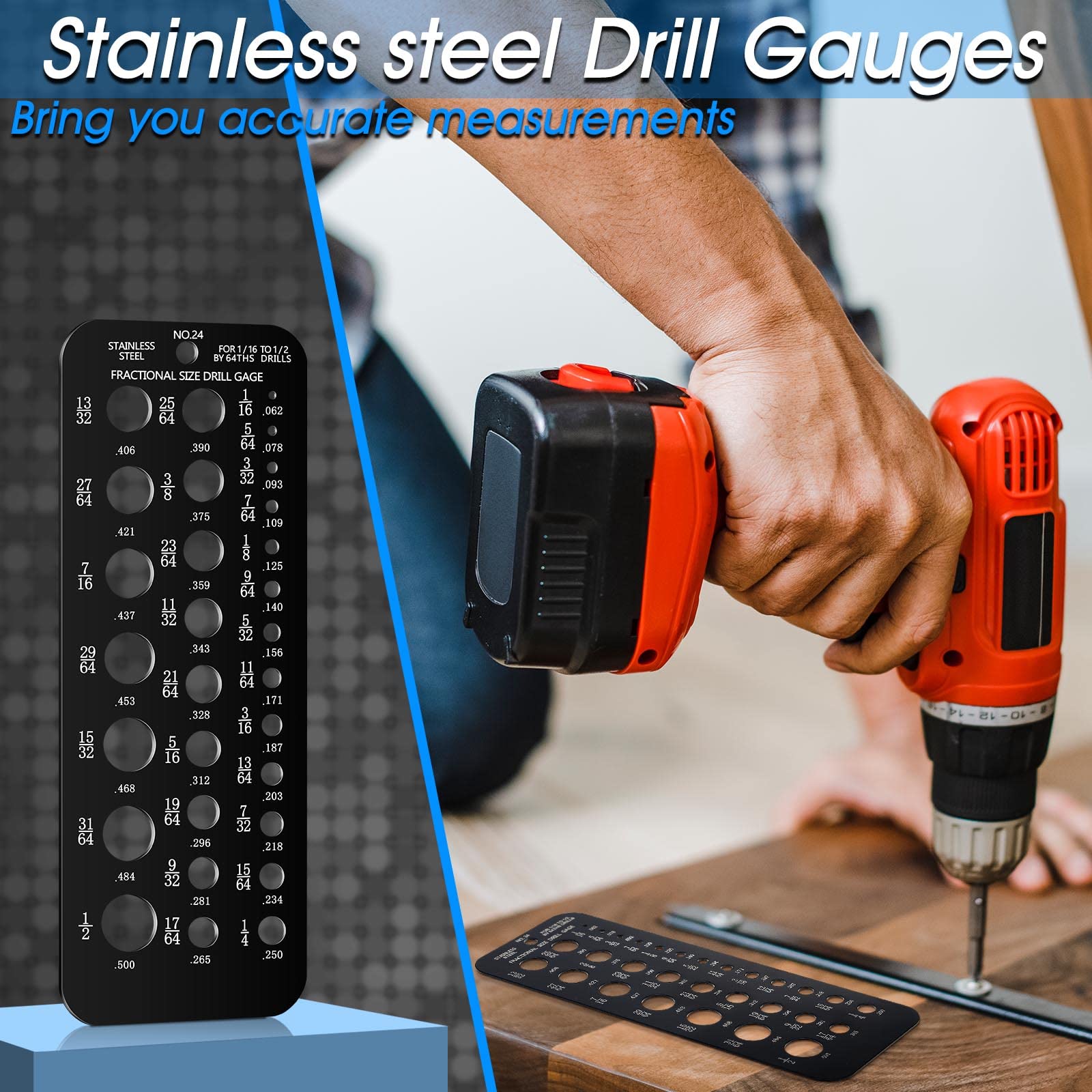 2 Pieces 24 Fractional Drill Bit Size Gauge Drill Bit Gauge Stainless Steel Drill Gauge 29 Holes Metal Drill Size Gauge Tool for 1/16 Inch to 1/2 Inch Size Bits Measurement (Black)