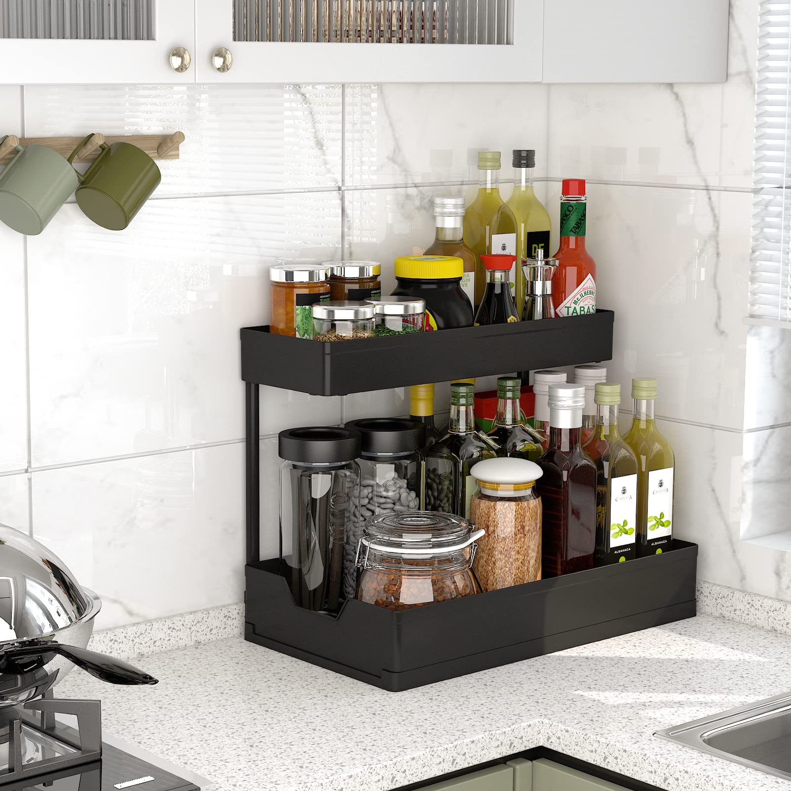 2 Pack Under Sink Organizers and Storage, 2 Tier Pull Out Cabinet Organizer Sliding Cabinet Basket Organizer Bathroom Kitchen Storage with Siding Drawers Multi-Purpose Office Organization and Storage