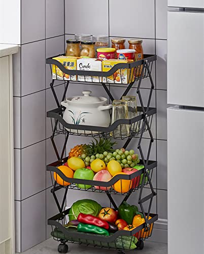 4 layers Tier Foldable No Assembly Storage Shelves with Wheels 13.5’’*10.6’’*29.7’’ Free Standing Metal Wire Rack Heavy Duty Pantry Collapsible Organizer for Kitchen Bedroom Bathroom Office Black