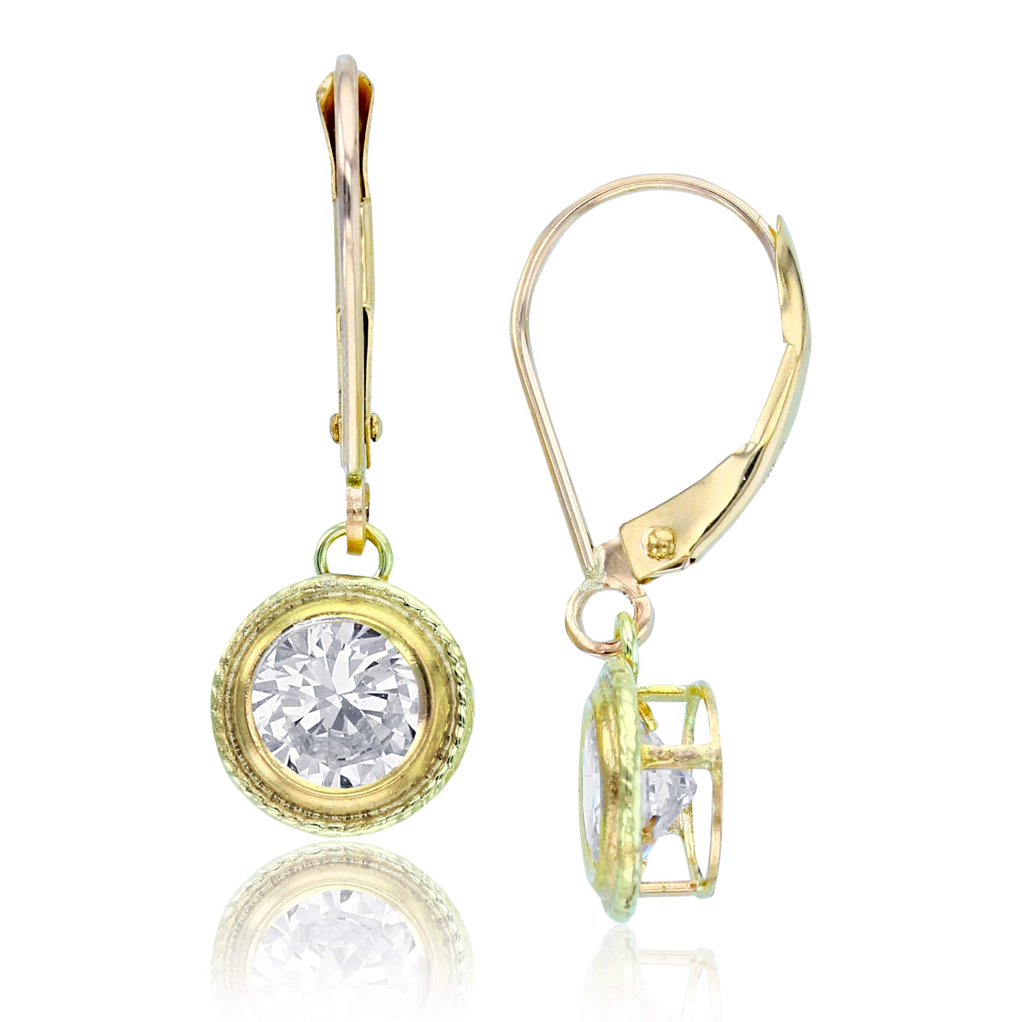 14K Yellow Gold 6mm Round Cubic Zirconia Bezel Textured Circle Dangling Earrings