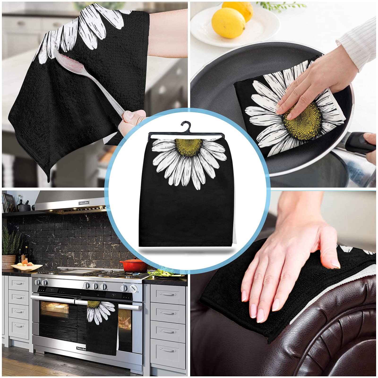 2 Pack Dish Towel for Kitchen,Absorbent Dishes Cloth Abstract White Daisy Flowers Soft Hand Towels for Home Cleaning Quick Drying Bathroom Cloths Terry Blossoms Garden Floral
