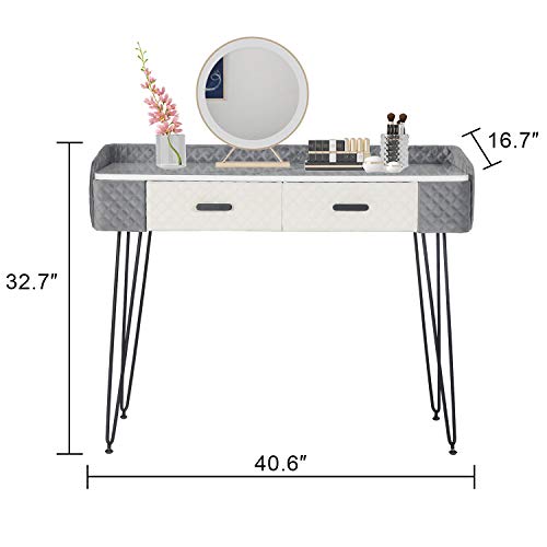 Joveco 40ββ Vanity Table with 2 Drawers- Modern Makeup Vanity Desk- Dressing Table Small Desks for Bedrooms- Home Office Computer Desk- White Marble Wood Veneer/Gold Metal Legs and Gray/White