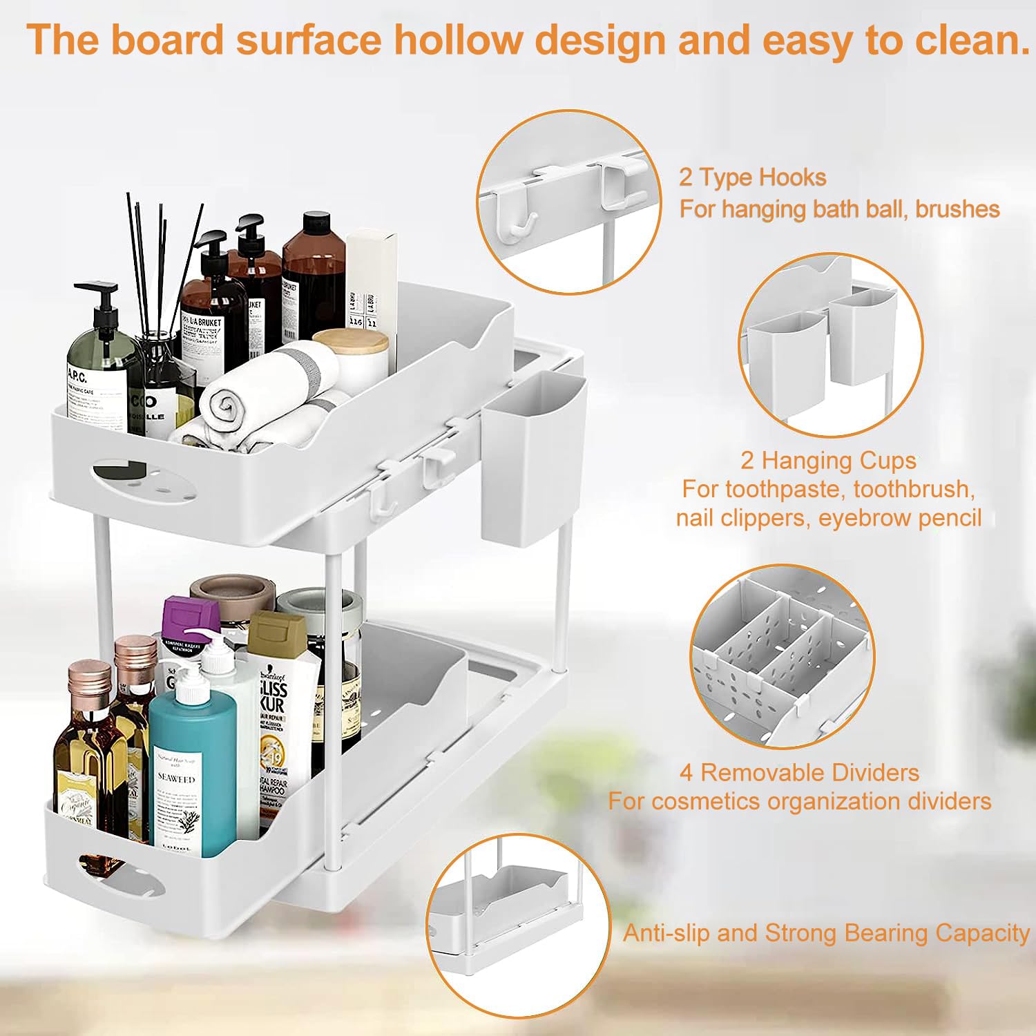 2 Pack Double Sliding Bathroom Cabinet Organizer, 2 Tier Under Sink Organizers w. Drawers & Storage, Baskets w. 8 Hooks & 4 Hanging Cups, Under Sink Storage for Kitchen Bathroom
