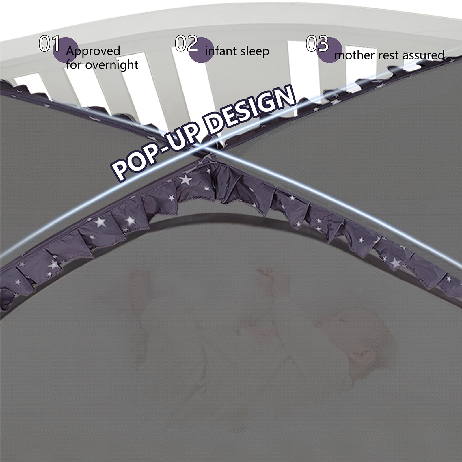 ZXPLO Baby Safety Crib Tent Infant Pop up Mosquito Net Nursery Bed Canopy Netting Cover - Keep Baby from Climbing Out with Hanging Diaper Storage Bag (Dark Gray)