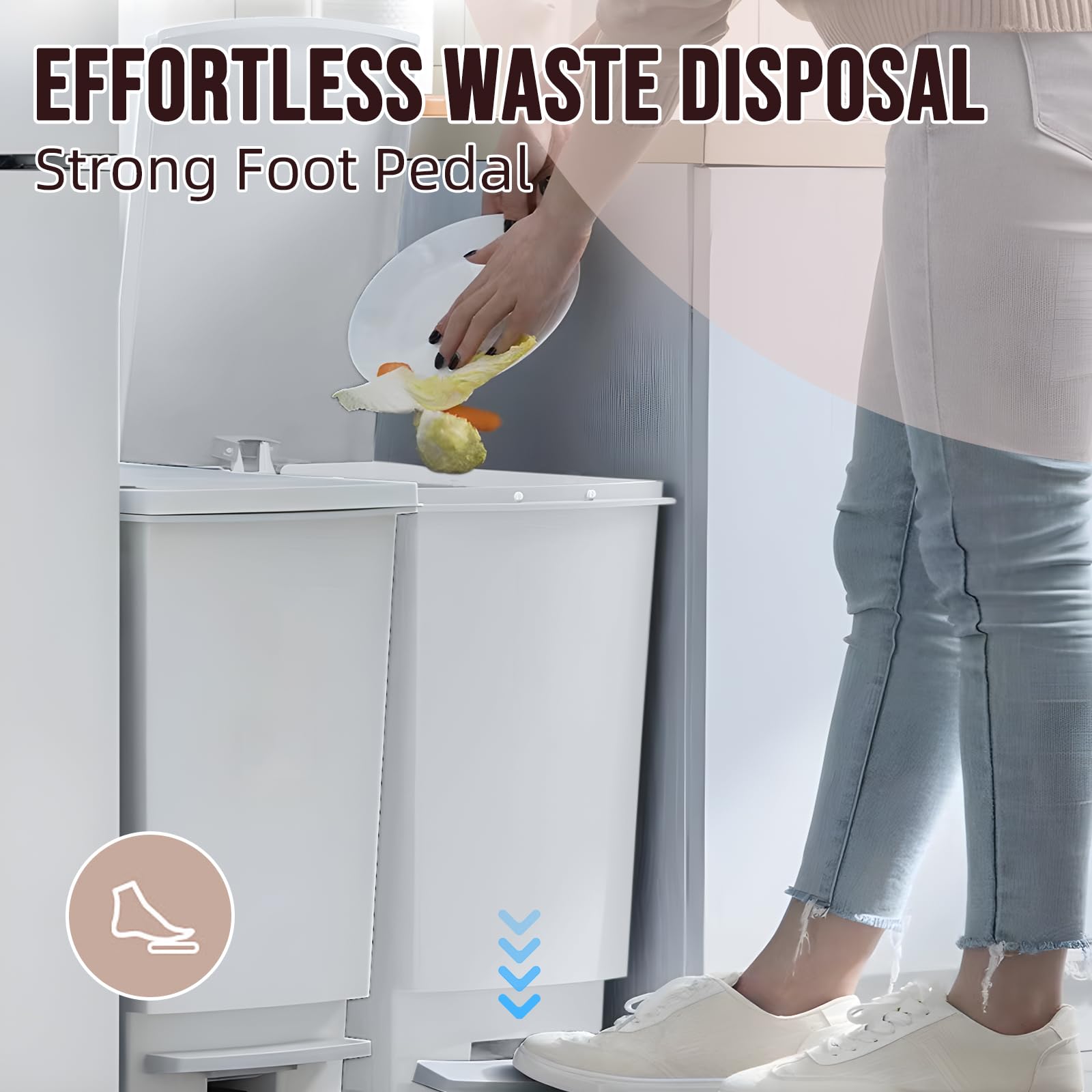 3 Pack Large Trash Can With Lid and Foot Pedal, 8 Gallon Slim Kitchen Trash Can Step On, Hands Free Recycling White Kitchen Garbage Can Plastic - Odor Block, 9 Inch Wide Trash Can Fit For Narrow Space