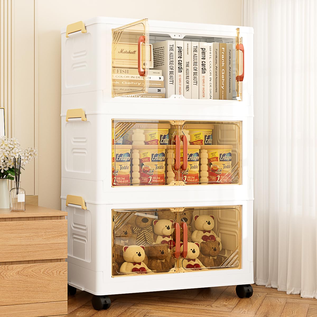 3 Tier Stackable Storage Bins with Lids and Wheels, 88 Qt Organizers and Storage, Collapsible Storage Containers, Organization and Storage Boxes for Living room, Bedroom, Office