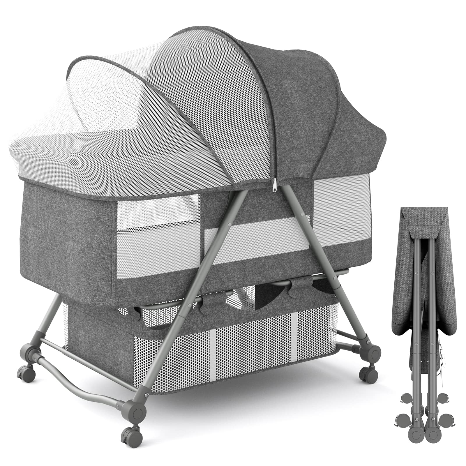 67i Baby Bassinet Portable Folding Rocking Bedside Bassinet Crib for Baby Cosleeper Bassinets Bedside Sleeper on Wheels with Mosquito Nets Newborn Infant Toddler Bassinet with Storage Basket (Grey)