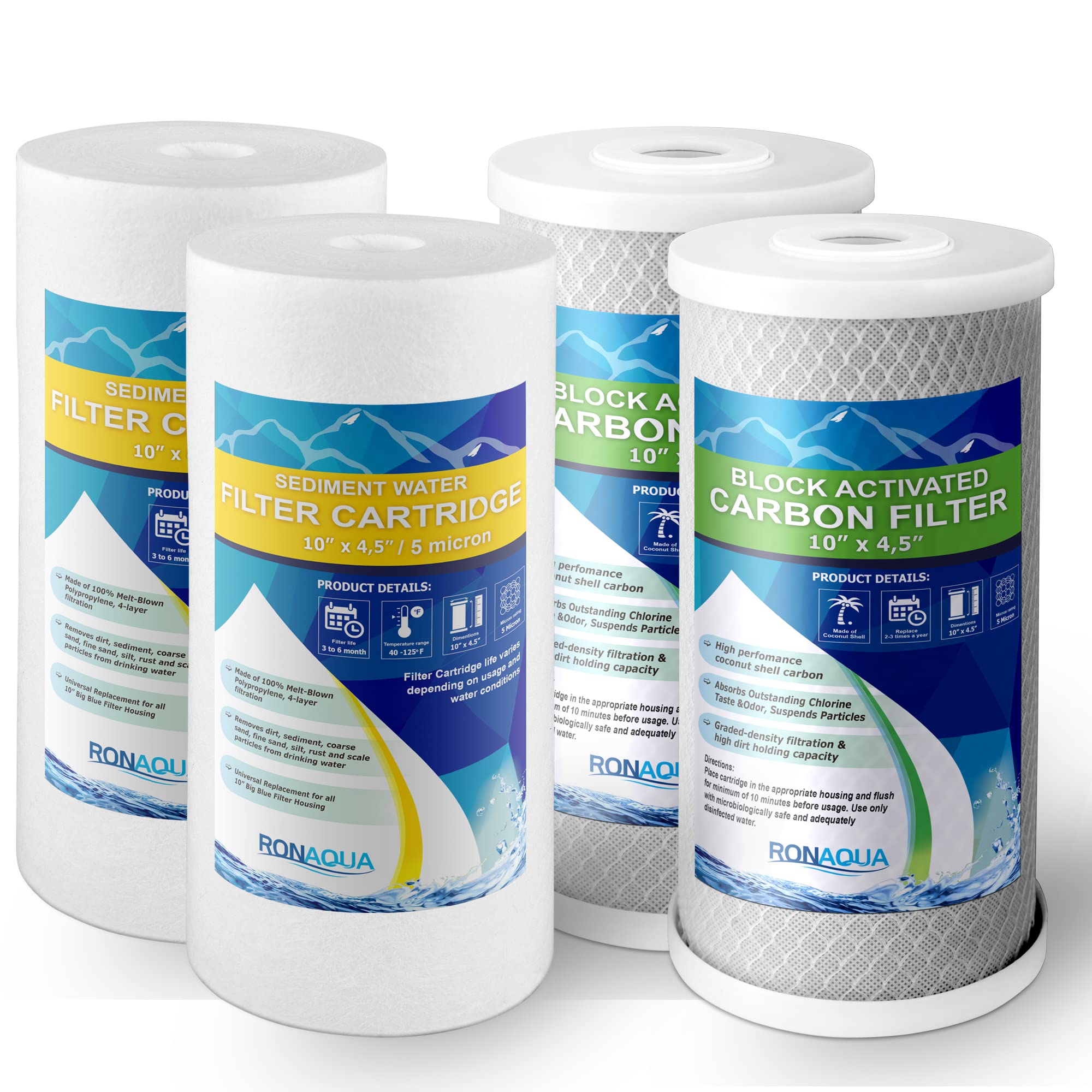 2 High Capacity Coconut Shell Carbon Block & 2 Big Polypropylene Sediment 5 Micron 4.5" x 10" Water Filter Cartridges for Universal Whole House System COMPATIBLE WITH: FC15BX4, 155358-43, DGD-5005-10