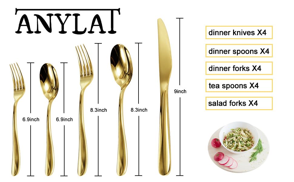 20-Piece Gold Silverware set with Dinner knvies,Gold Flatware Set for 4,Food-Grade Stainless Steel Tableware Cutlery Set,Mirror Polished & Dishwasher Safe