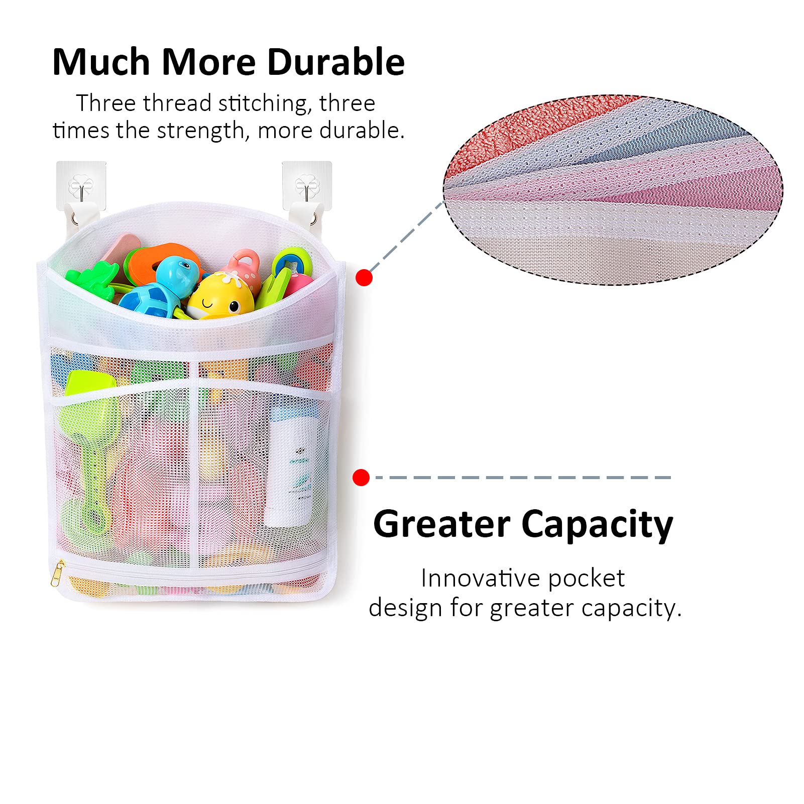 Ligereza Mesh Bath Toy Organizer, Various Hanging Ways, Large Capacity Large Opening, YKK Zipper, 4 Super Hooks, with Two Compartment Pockets, Baby Bathtub Toy Storage Bag (Large White)