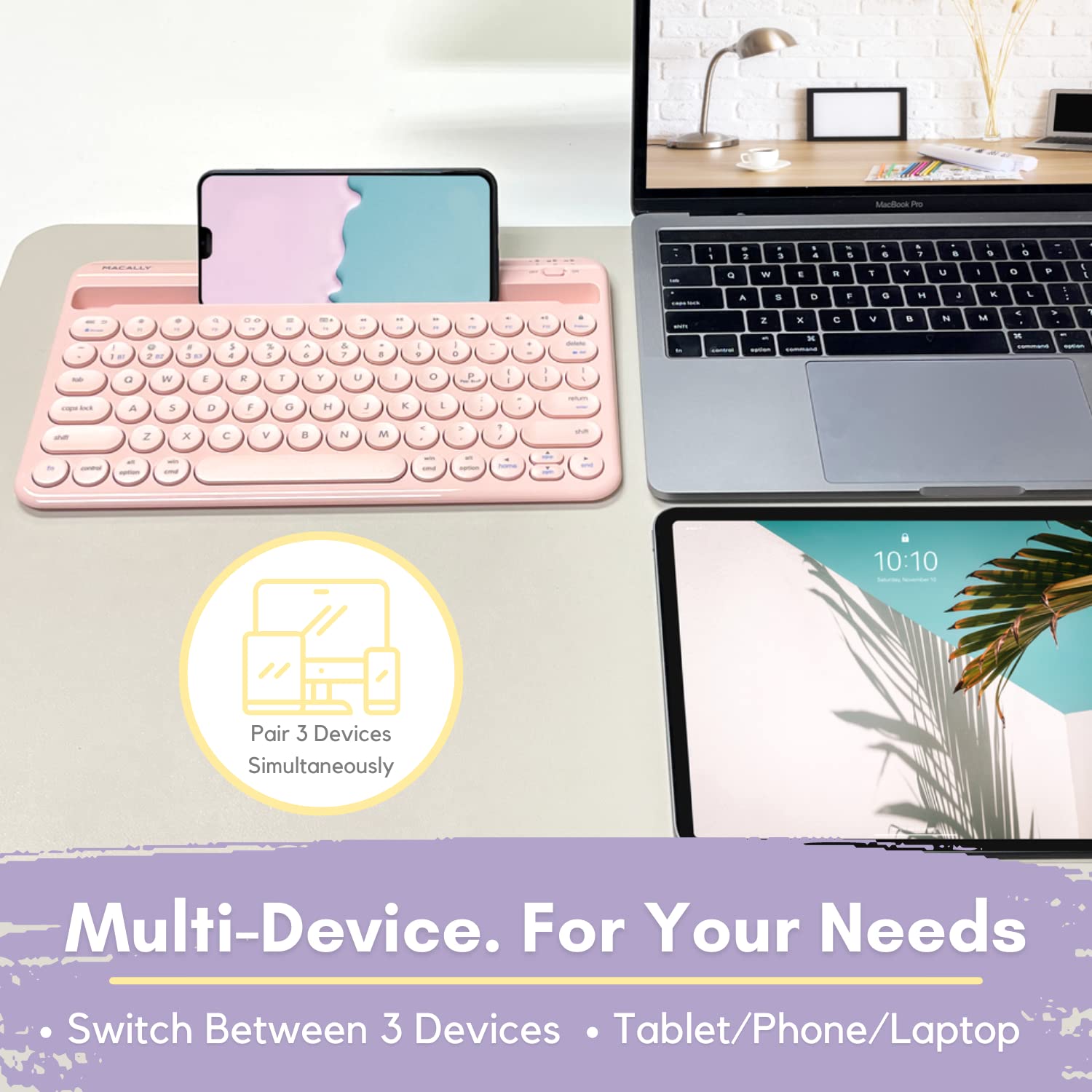 Macally Bluetooth Keyboard for Tablet | Wireless Keyboard for iPad | iPhone Keyboard (Multi-Device, Built-in Stand, Rechargeable) Easy to Use and Cute Portable Keyboard