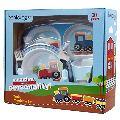 5 Pc Mealtime Set for Kids & Toddlers, Train Theme-Includes Divided Plate, Bowl, Fork & Spoon - Dishwasher Safe, Durable, BPA Free-Cute Compartment Dish to Put Food in 4 Sections for Easy Self-Feeding